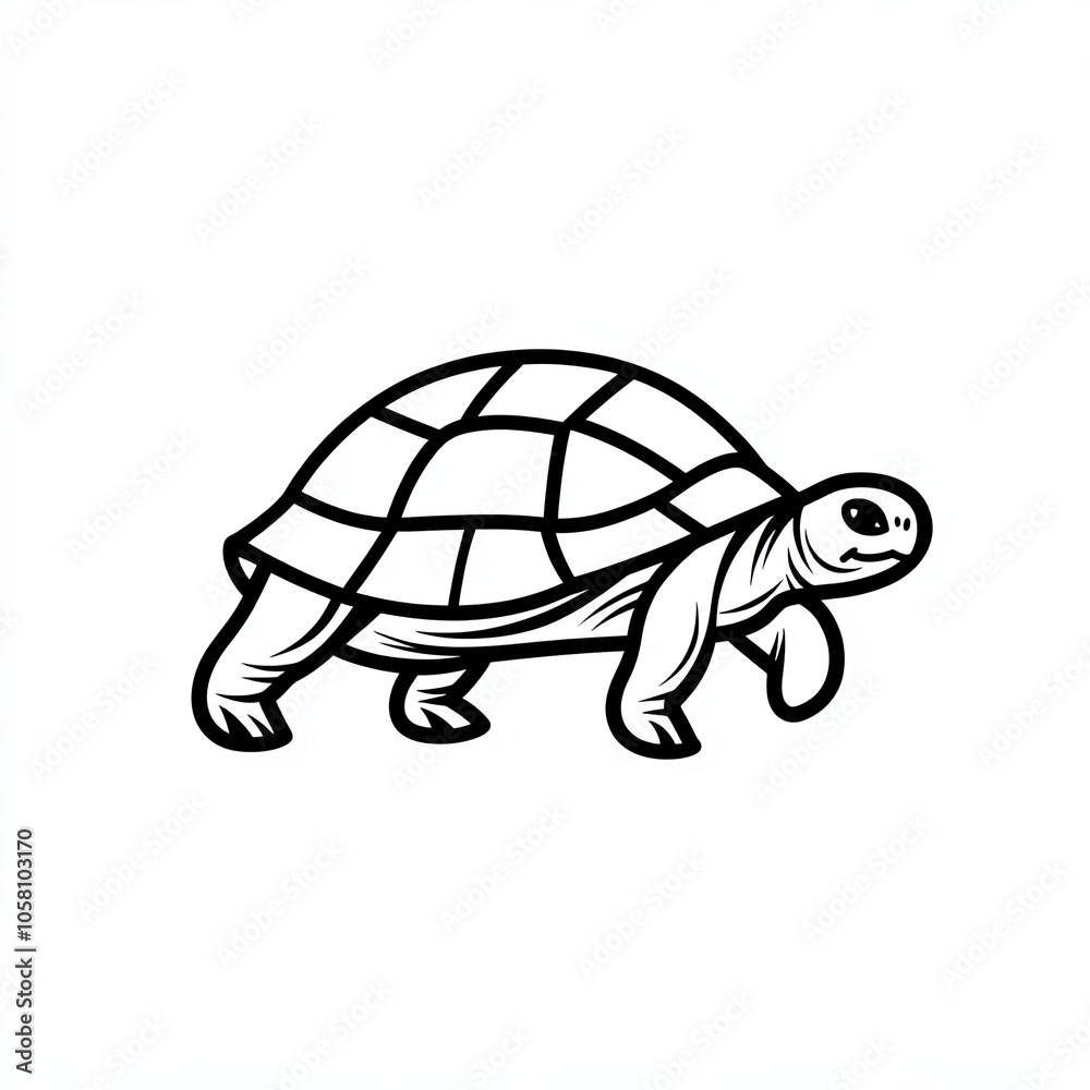 The illustration depicts a tortoise walking steadily on a plain white ...