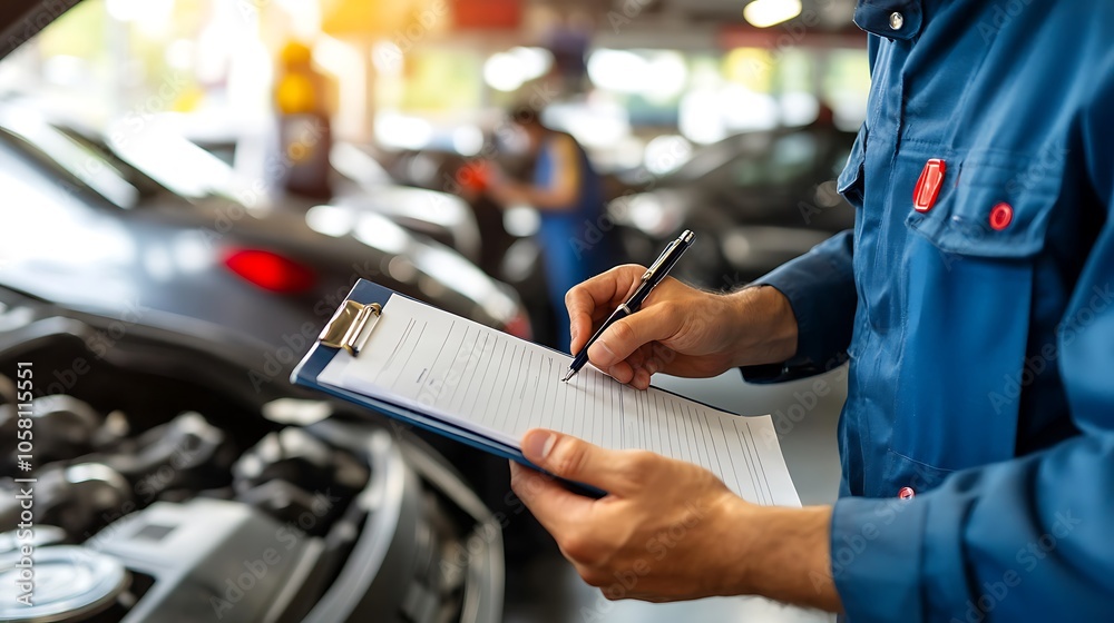 Automotive technician completing vehicle inspection checklist in garage ...