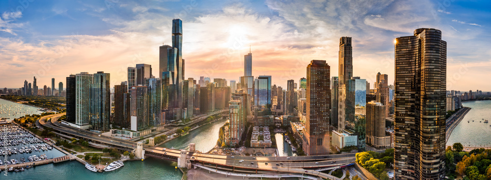 Aerial panorama of Chicago, Illinois skyline at sunset. Chicago is the ...