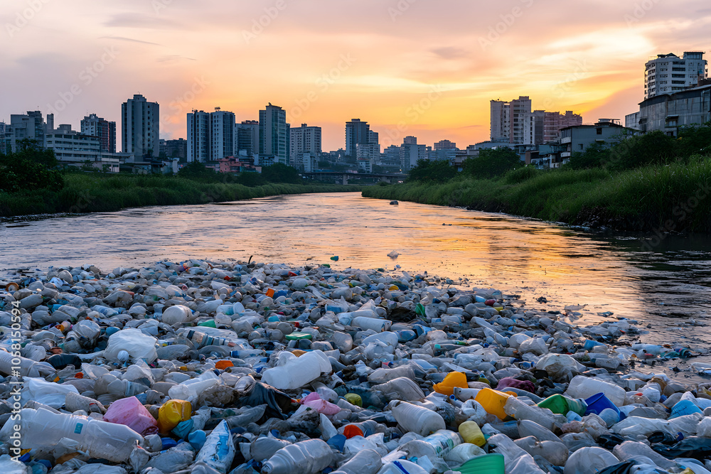 River polluted with floating trash primarily plastic waste flanked by ...