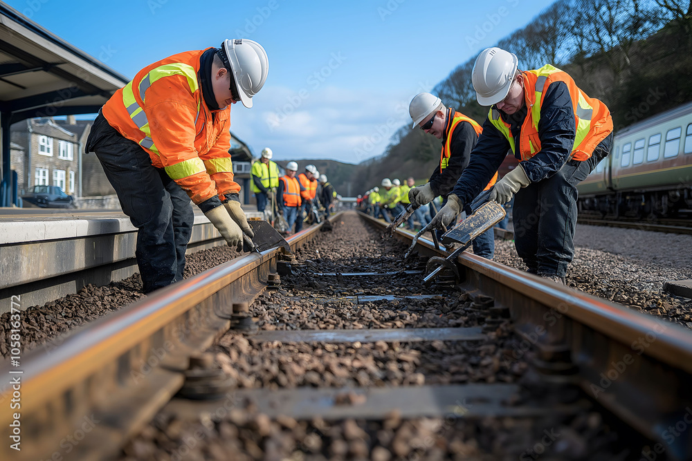 Railway workers in safety vests and helmets use specialized tools to ...