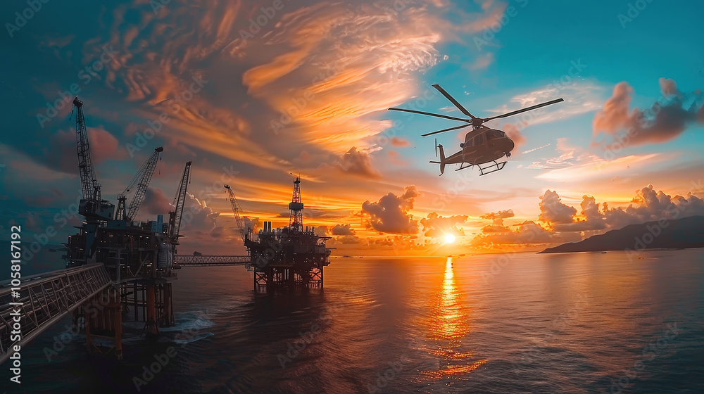 helicopter is landing on oil rig platform during stunning sunset, with ...