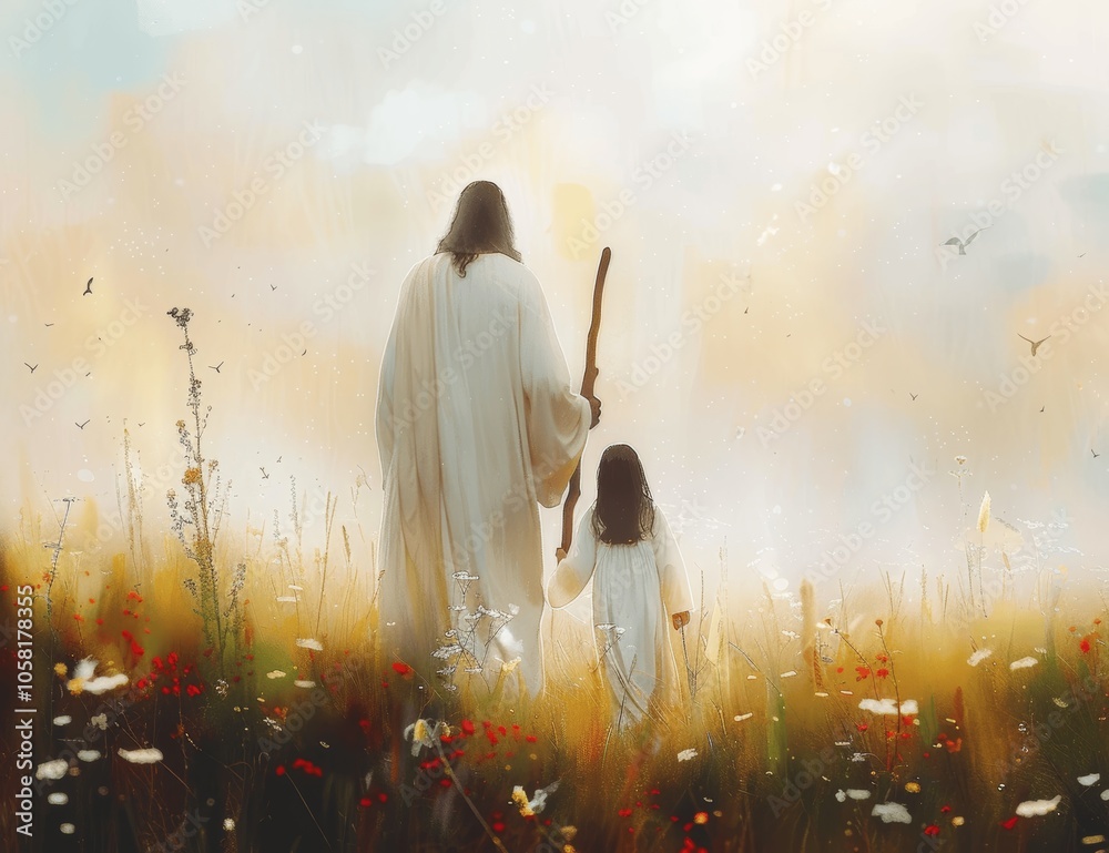 Jesus Walking with Little Girl in Flower Field Oil Painting Dreamy ...