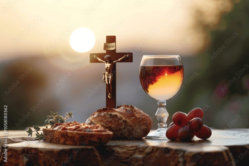 Foto de Stock Holy Communion Symbols of Bread and Wine on Table with ...