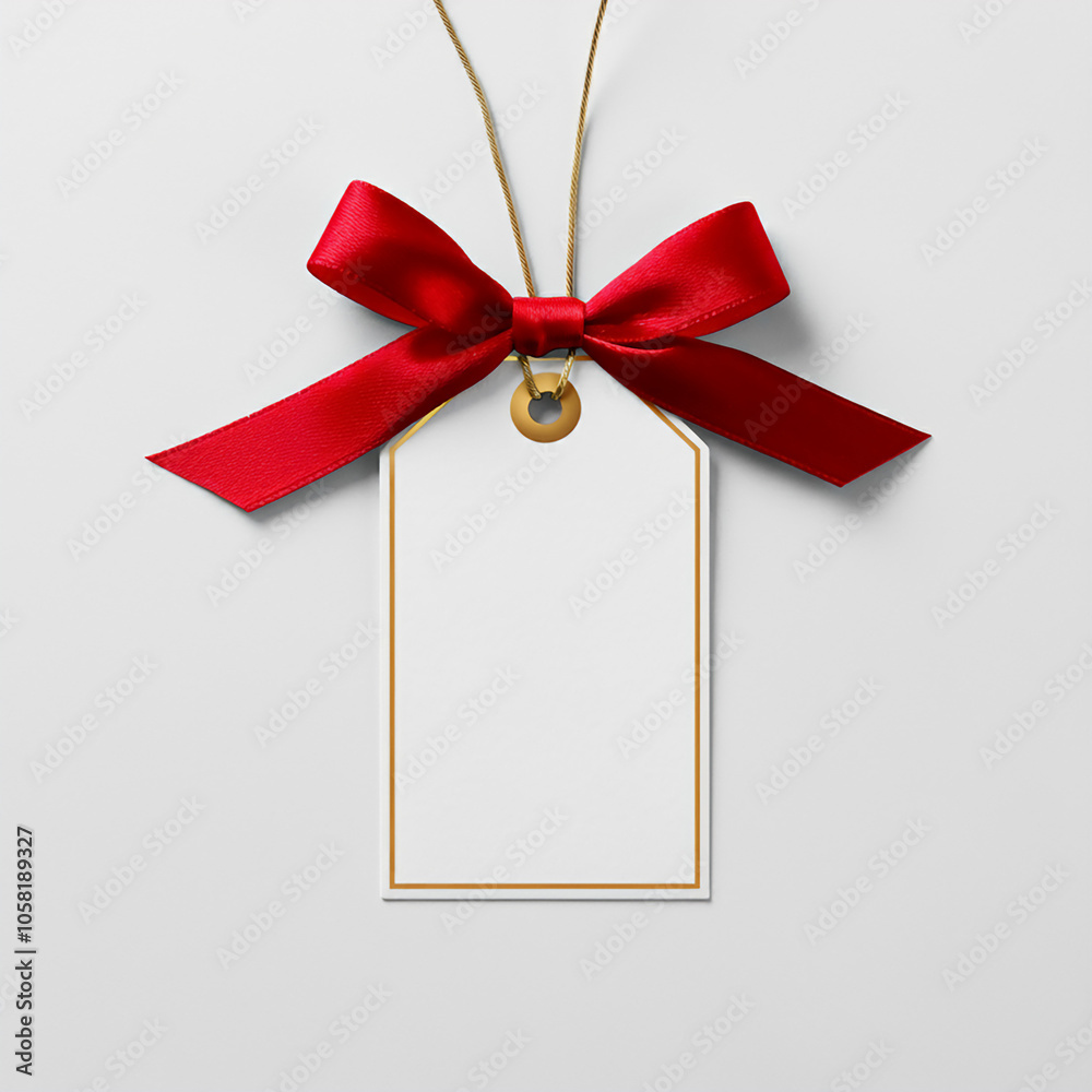 Blank gift tag and red ribbon bow with gold border on a transparent ...