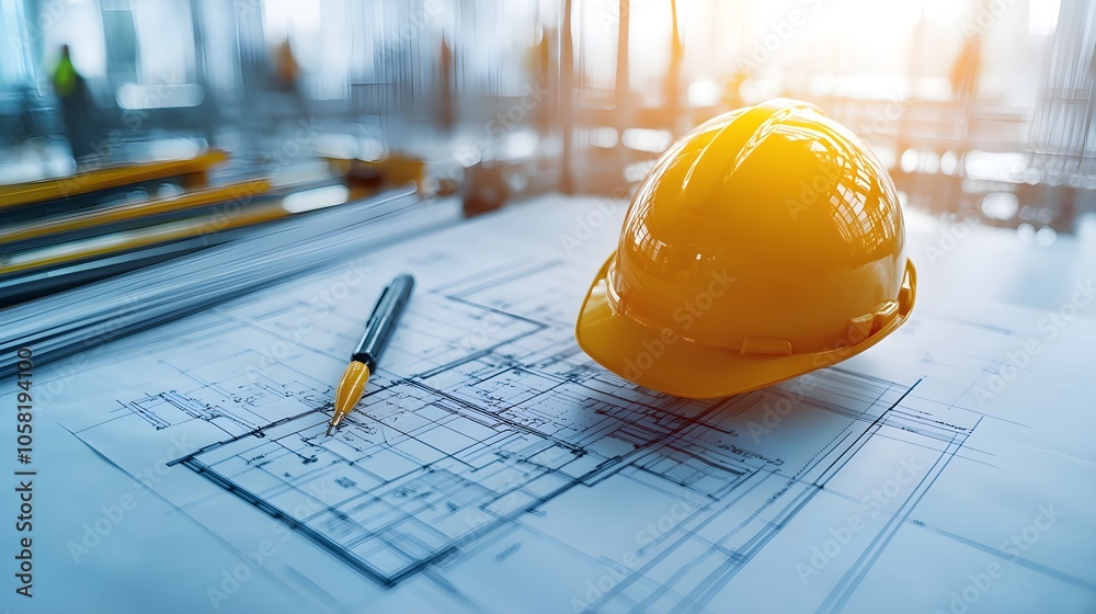 Modern commercial construction site, an engineer cross-referencing ...