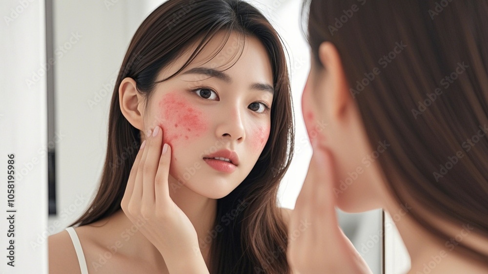 Young Asian woman looks at her facial skin in the mirror and has a red ...