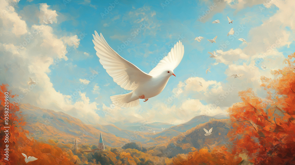 Dove of Peace Soaring Over a Holy Landscape, All Saints' Day ...