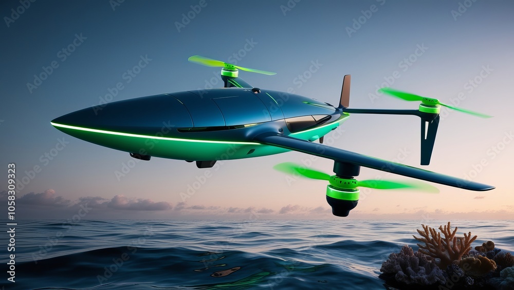 aquatic drone in deep blue and neon green colors. The drone has a ...