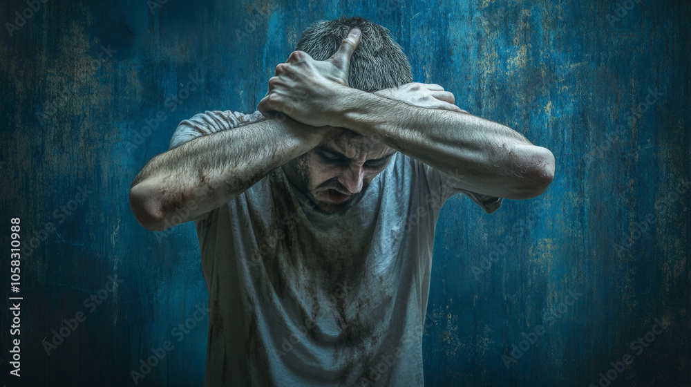 man expressing distress and frustration, holding his head in despair ...