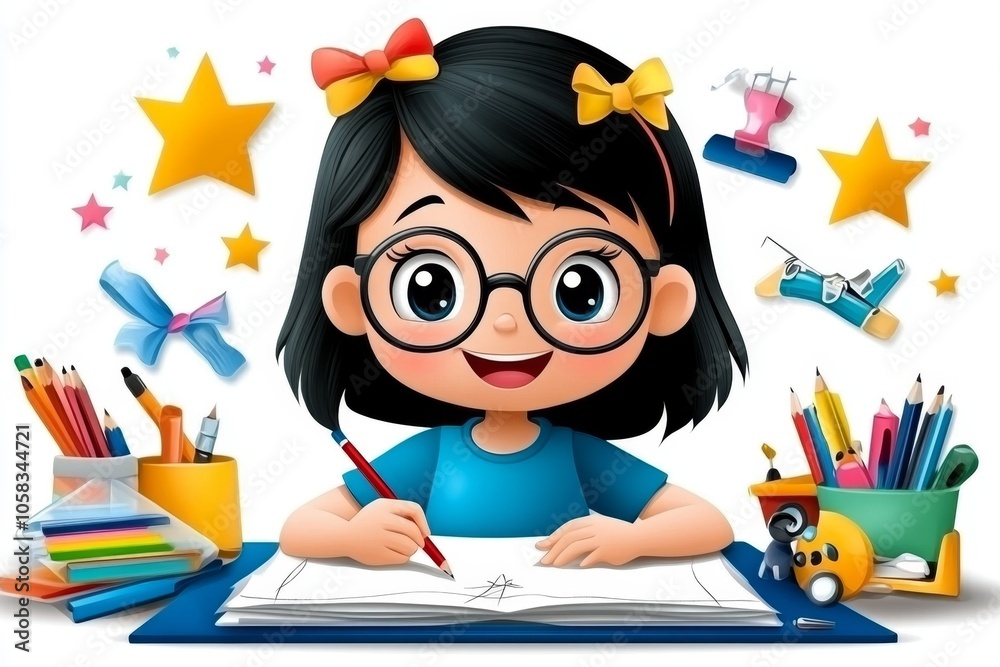 a 2D cartoon illustration of a child drawing stars on a chart for art ...