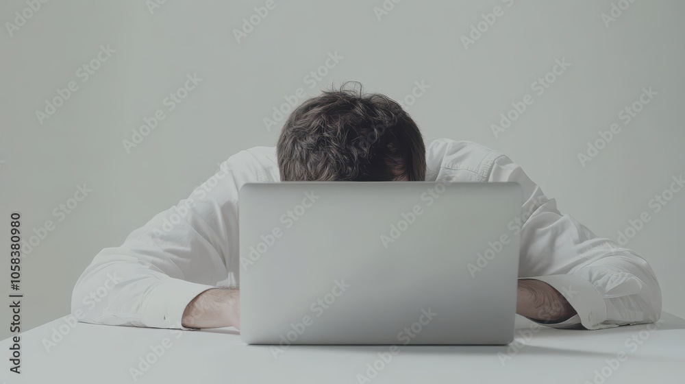 Professional woman visibly exhausted, leaning on one hand, isolated ...