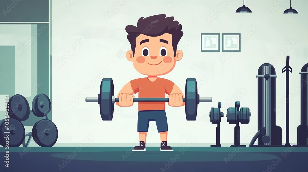 Animated character lifting weights in a gym setting, bright and ...