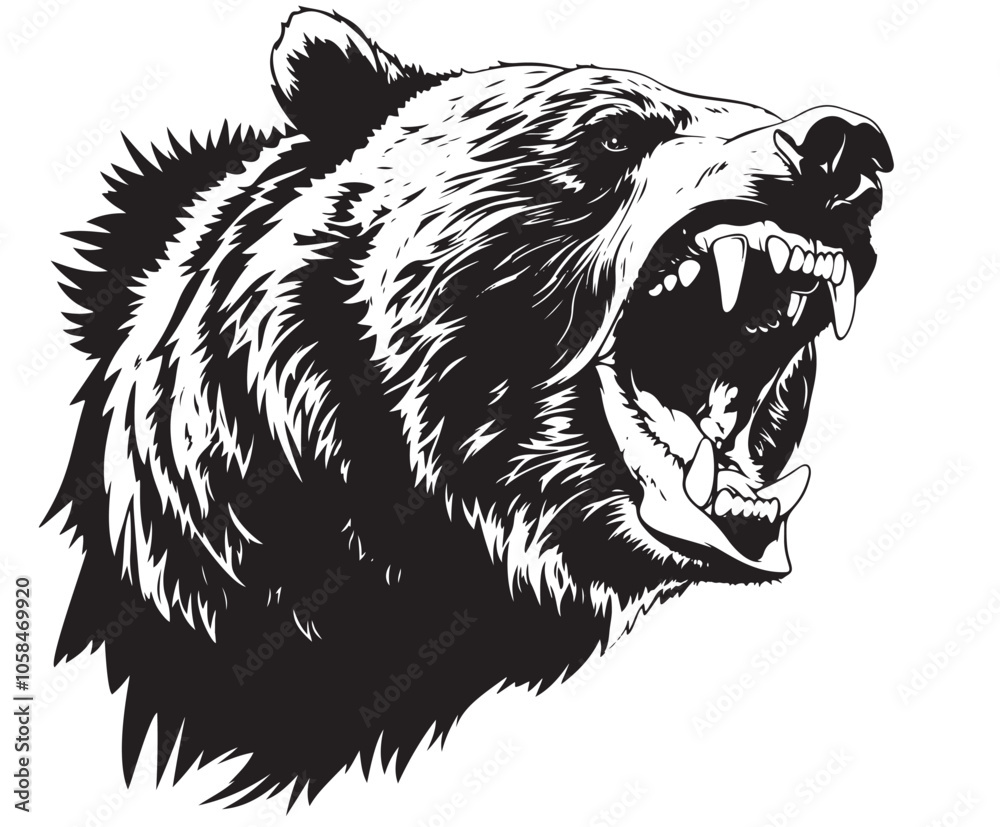 Silhouette, engraving style drawing of a roaring bear. Outline ...