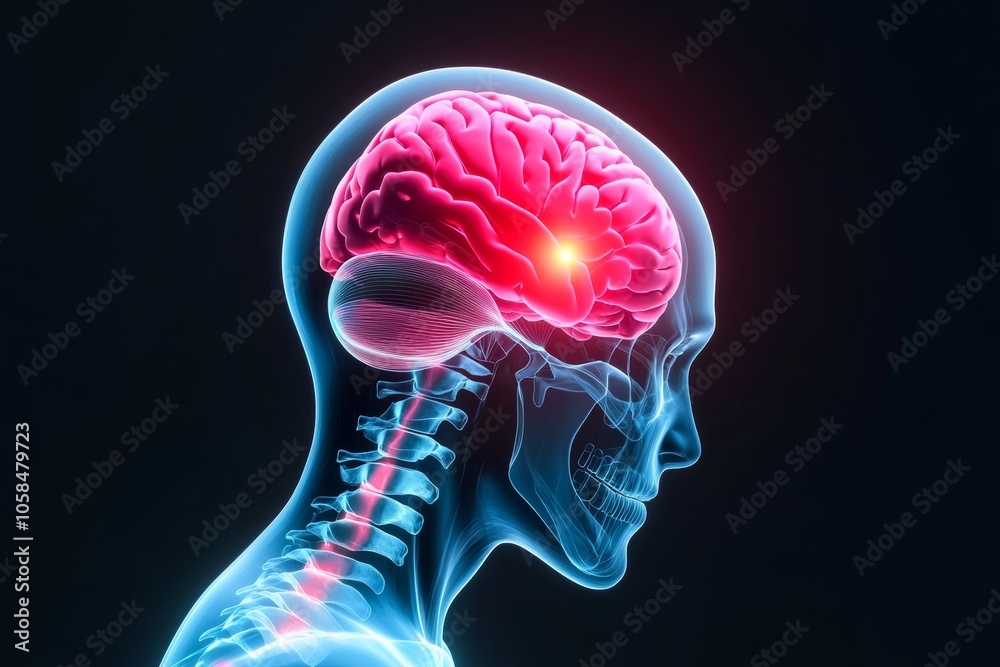 Brain with a red spot on it. The brain is shown in a 3D image. The red ...