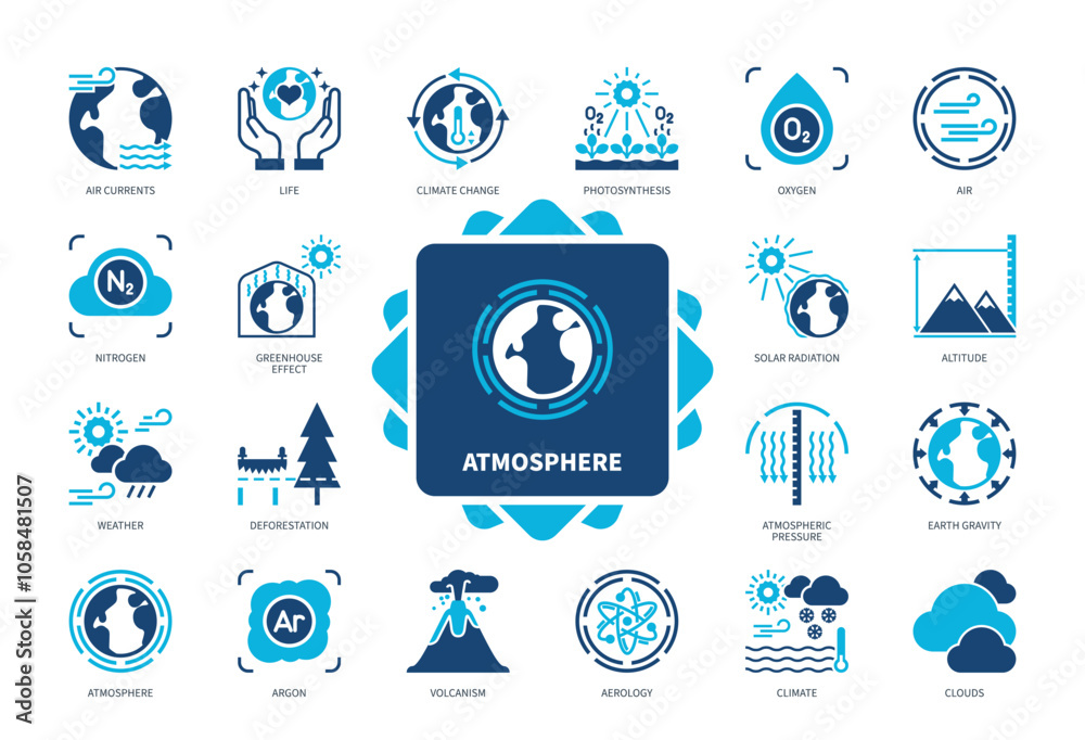 Atmosphere icon set. Altitude, Oxygen, Photosynthesis, Aerology ...