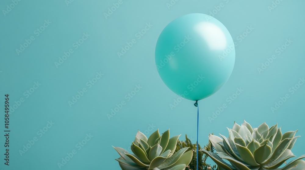 cyan rubber balloon floating above sage green succulent, coral-colored ...