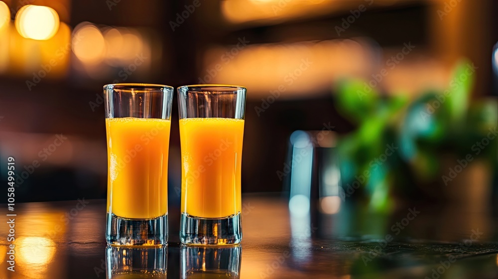 Two glasses of mango liqueur placed elegantly on a bar counter ...
