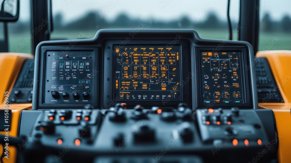 Detailed view of a modern tractor dashboard with illuminated controls ...