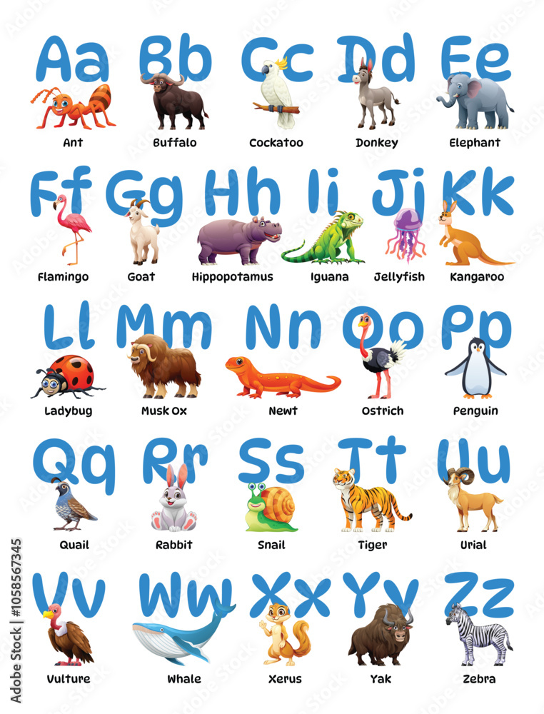 Animal alphabet with A to Z animals like ant, hippo, and snail for each ...