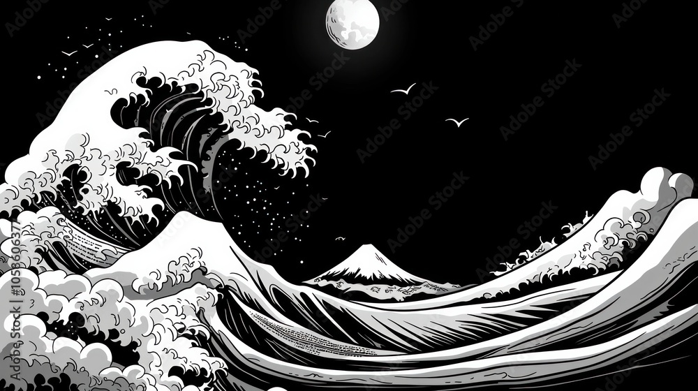 The Great Wave off Kanagawa, Black and White Illustration Stock ...
