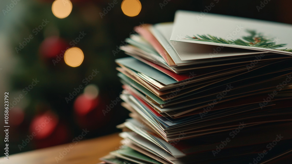 Stack of colorful Christmas cards with festive designs, creating warm ...