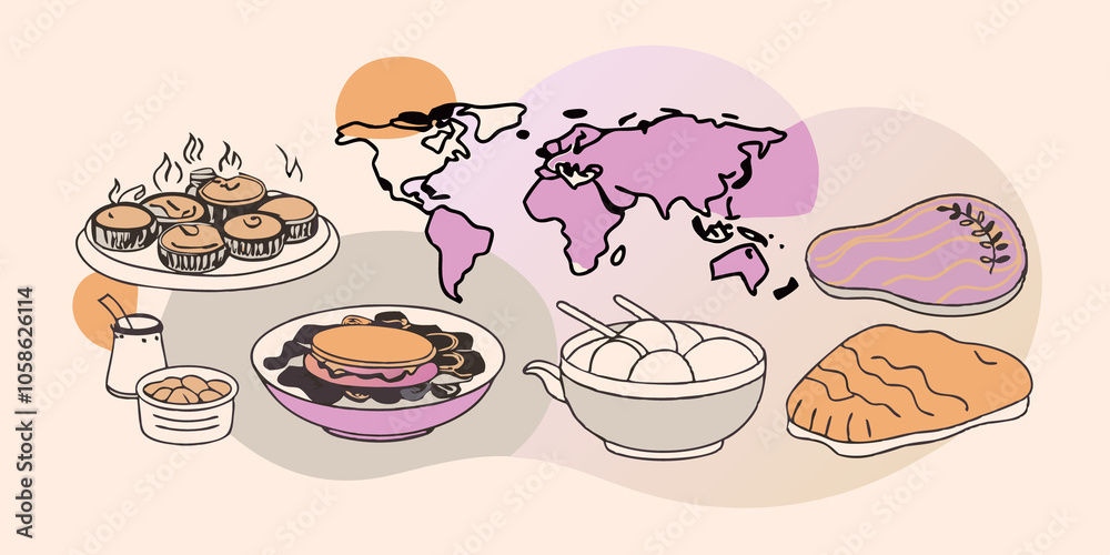 Different cultural symbols around the world with traditional meals made ...
