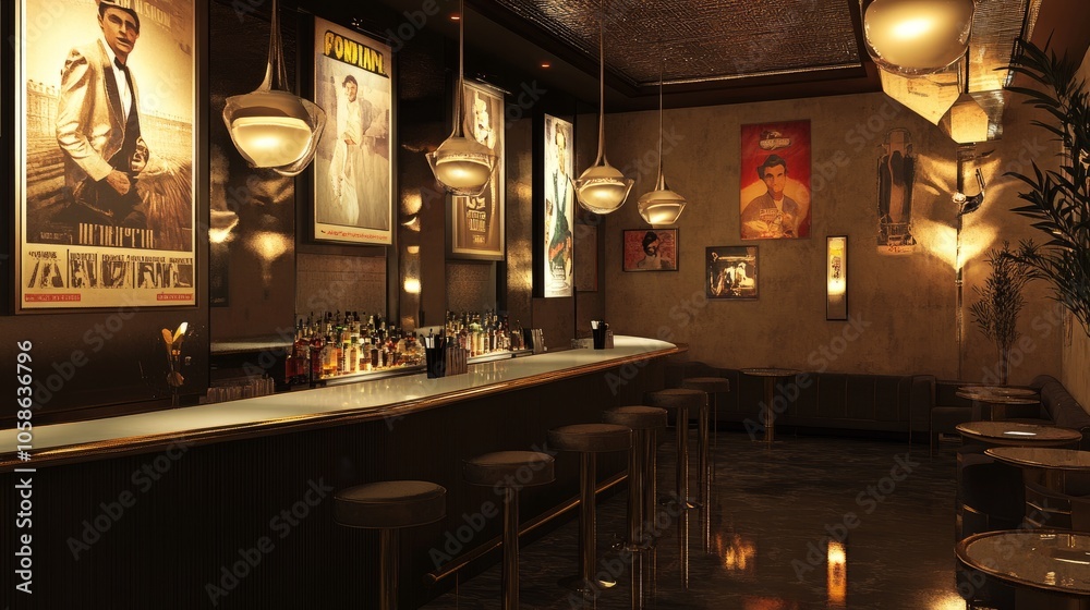 Elegant bar setup with classic movie posters on the walls and soft ...
