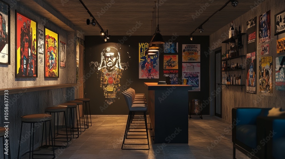 Modern bar with industrial lamps and pop culture posters on the walls ...