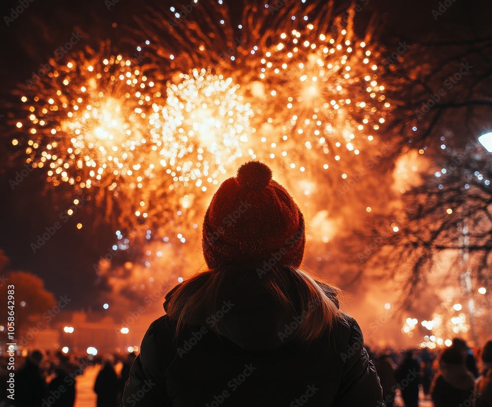 New year's eve celebration with fireworks in downtown square countdown ...