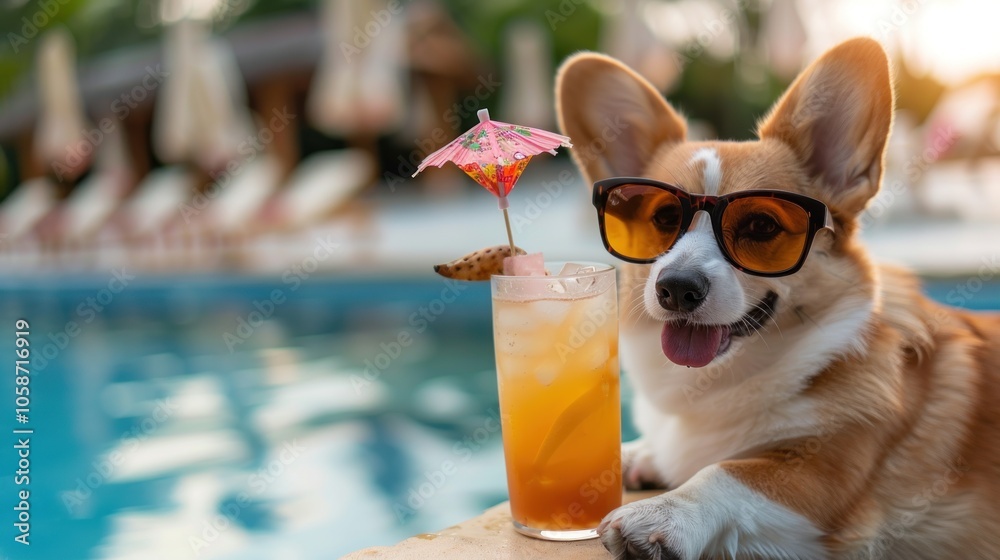 Cute corgi wearing sunglasses is relaxing near the swimming pool with ...