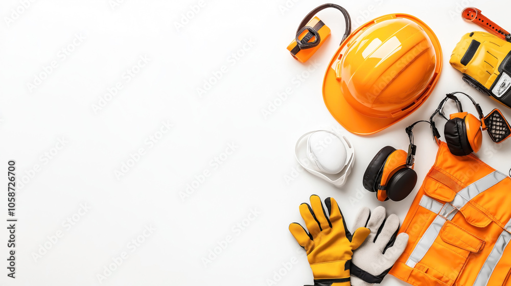 Personal protective equipment set on white background including helmet ...