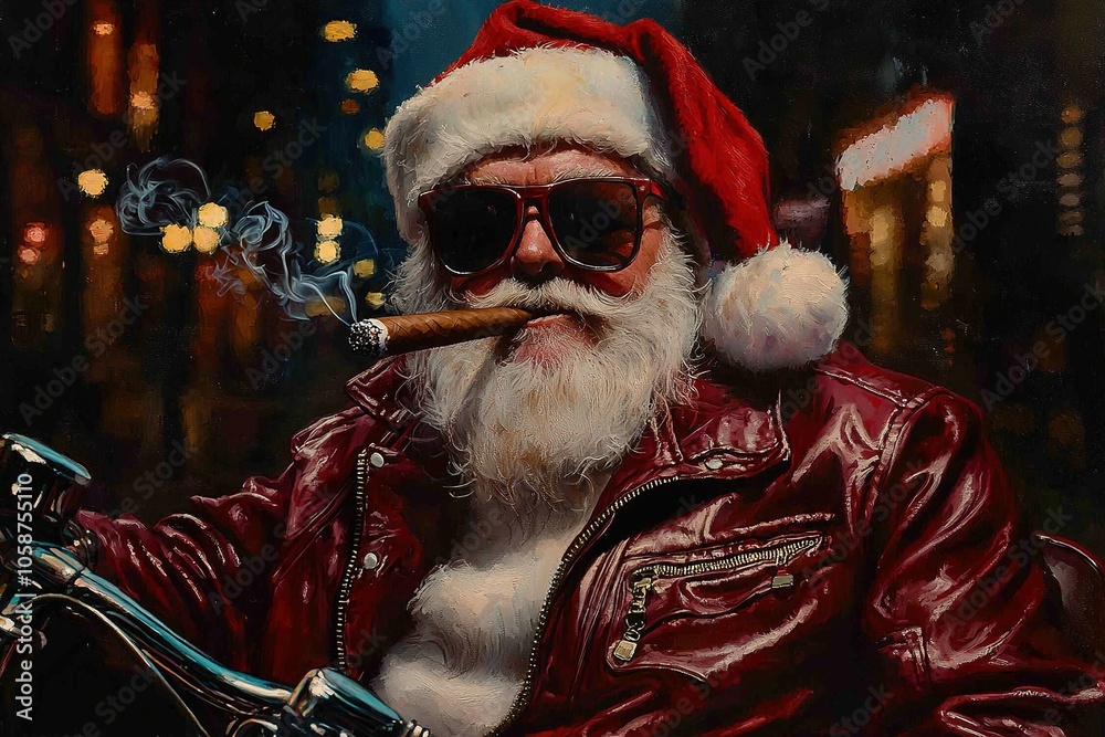 Santa Claus wearing leather jacket and sunglasses smoking a cuban cigar ...