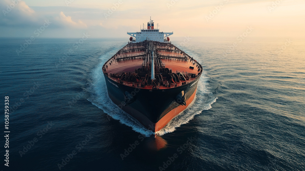 Large cargo ship navigating through calm ocean waters at sunset, with a ...