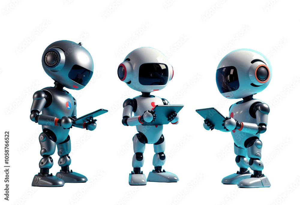 Collection of Ai robot using tablet isolate on white transparency ...