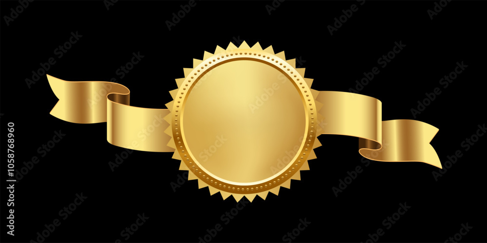 Gold medal with horizontal ribbon vector illustration. 3d realistic ...