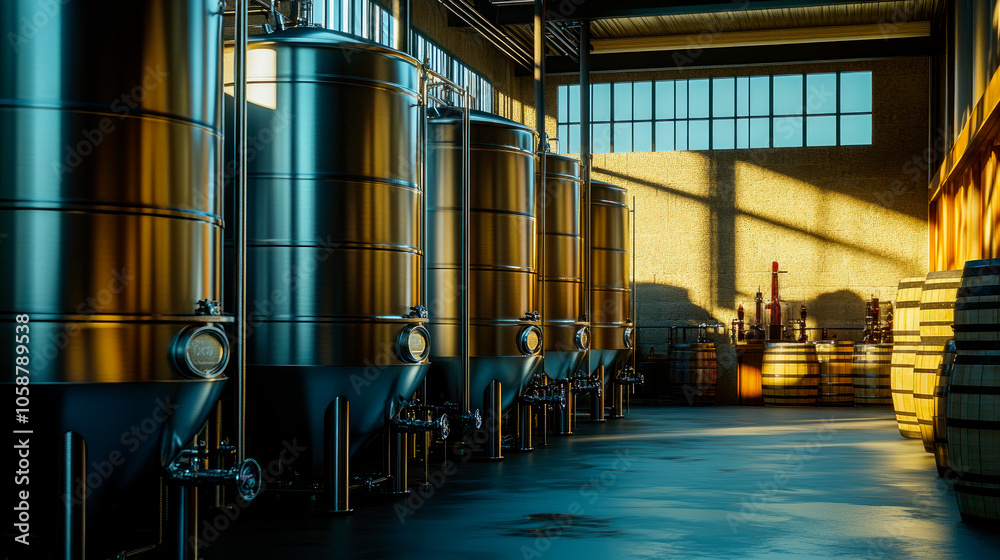 Modern alcohol factory with large tanks for the fermentation. Stock ...