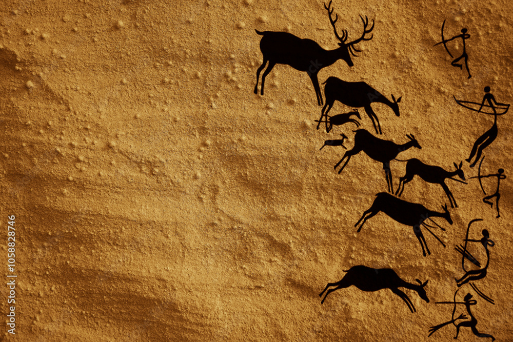 Cave art pattern made of ancient wild animals, horses and hunters. Rock ...