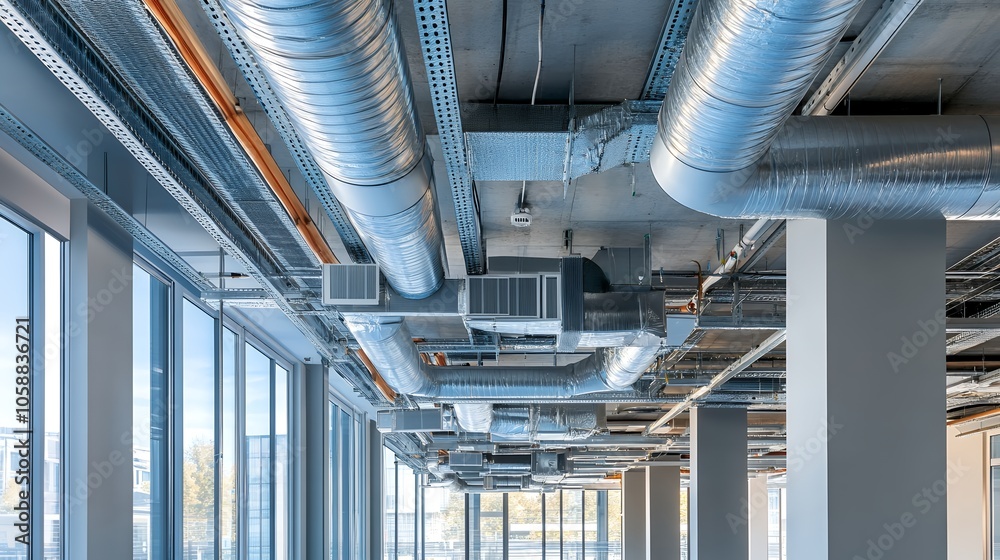 Modern office building ceiling with exposed industrial ventilation ...
