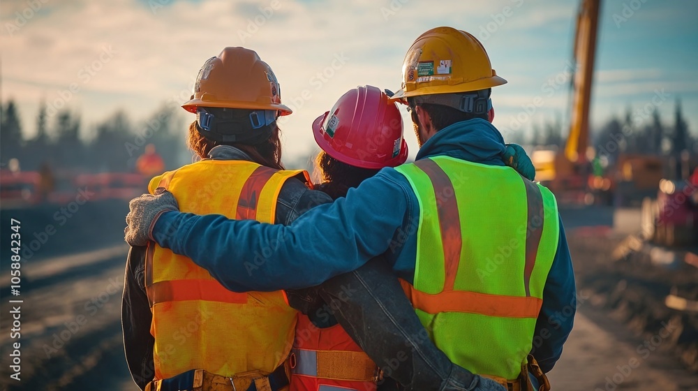 Three construction workers in high-visibility gear embrace on-site ...