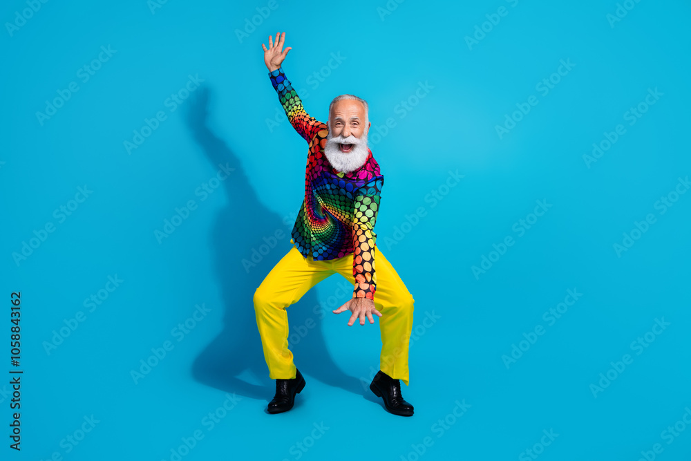 Full size photo of funky old man have fun dancing dressed colorful ...
