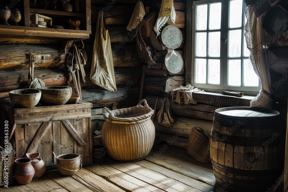 Traditional Russian hut interior with various items like wicker basket ...