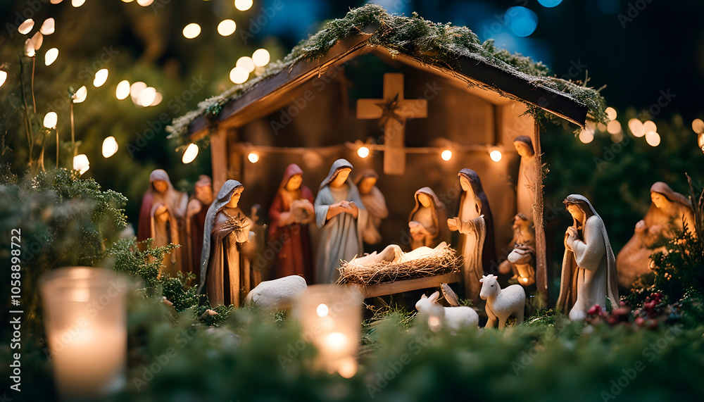 Biblical nativity scene showing Mary, baby Jesus and shepherds with ...