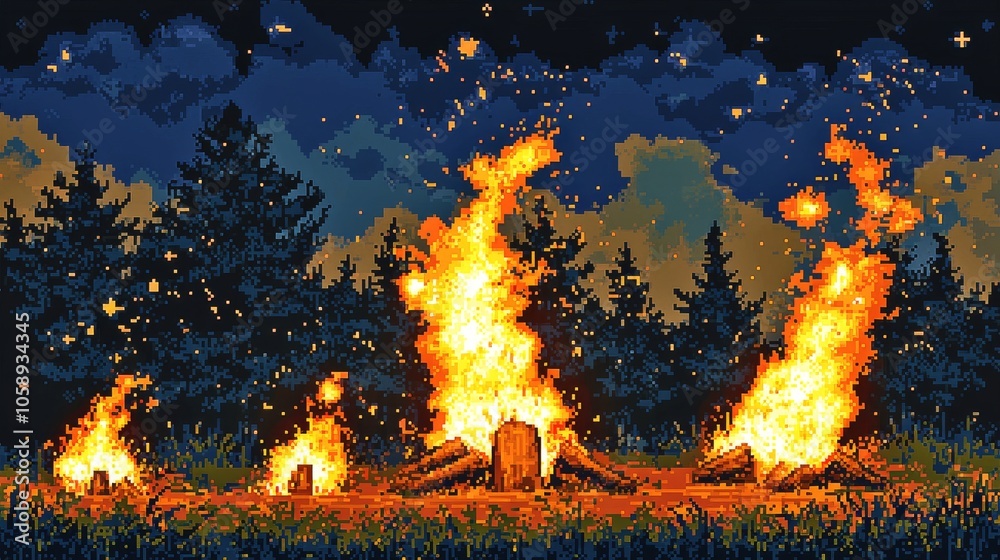 Vibrant Bonfire Sprite Sheet in Pixel Art Depicting a Fiery Outdoor ...