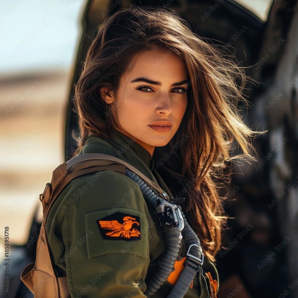 Female pilot in uniform is posing on an airport runway in front of a ...