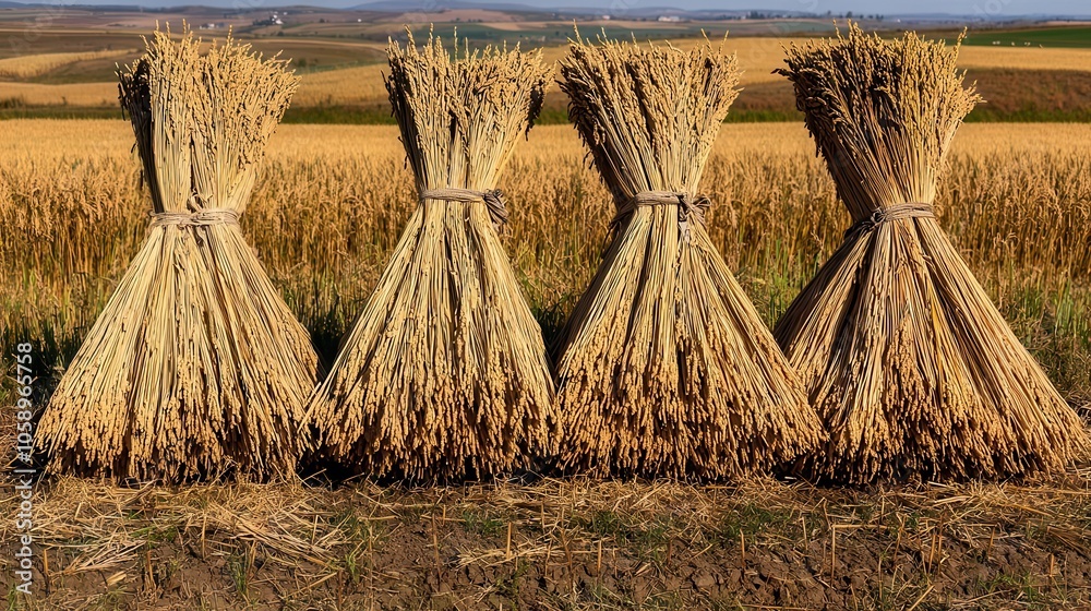 Harvested rice sheaves tied together in a field, ready for drying, rice ...
