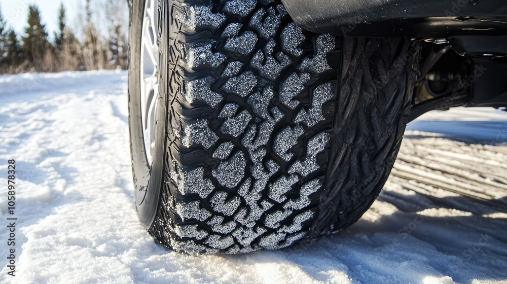 Ice tire in a close-up, showing deep treads designed to provide maximum ...