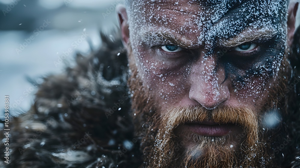 Resolute Viking Warrior Facing Snowy Battlefield with Fierce ...