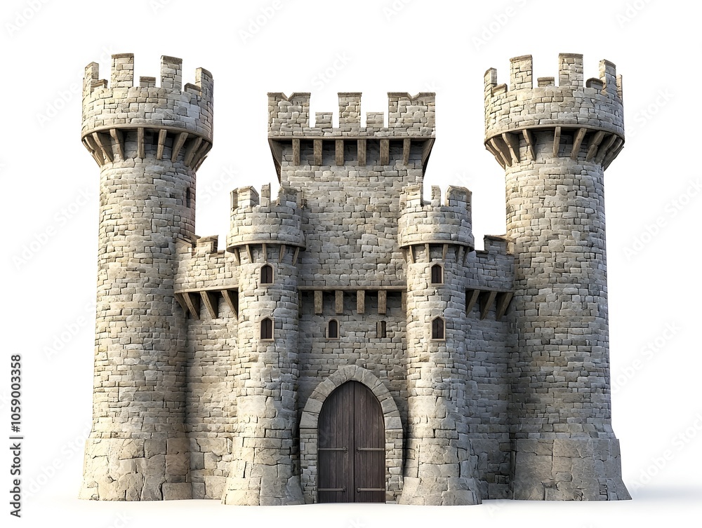 Majestic Medieval Stone Castle with Tall Towers and Drawbridge on Clean ...