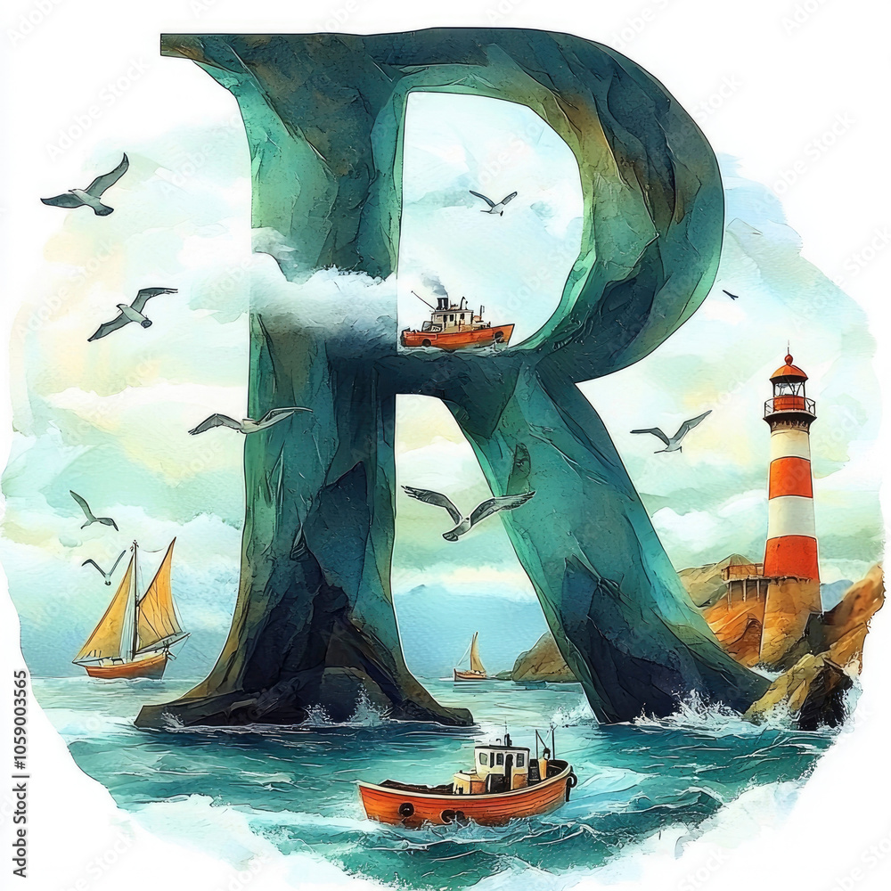 Watercolor Illustration of the Letter R Shaped Like a Rock Formation ...